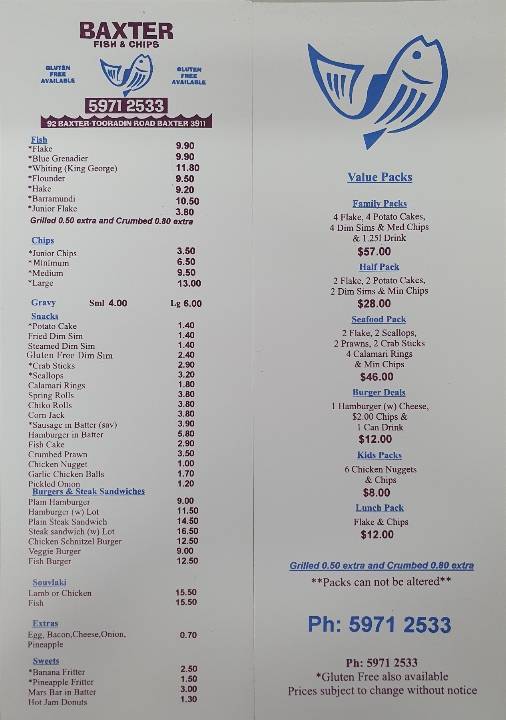 Menu at Baxter Fish And Chips fast food, Baxter