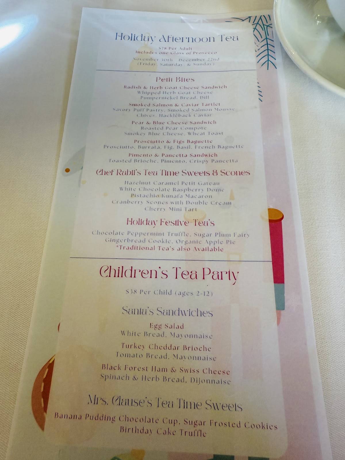 Menu at Ravello restaurant, Orlando