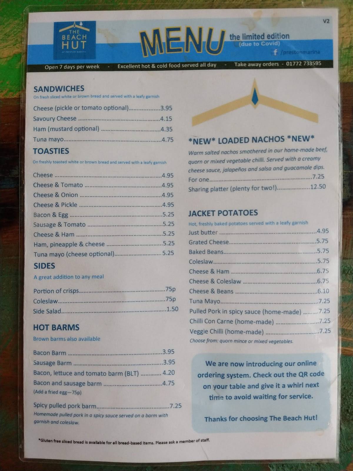 Menu at Beach Hut cafe, Preston