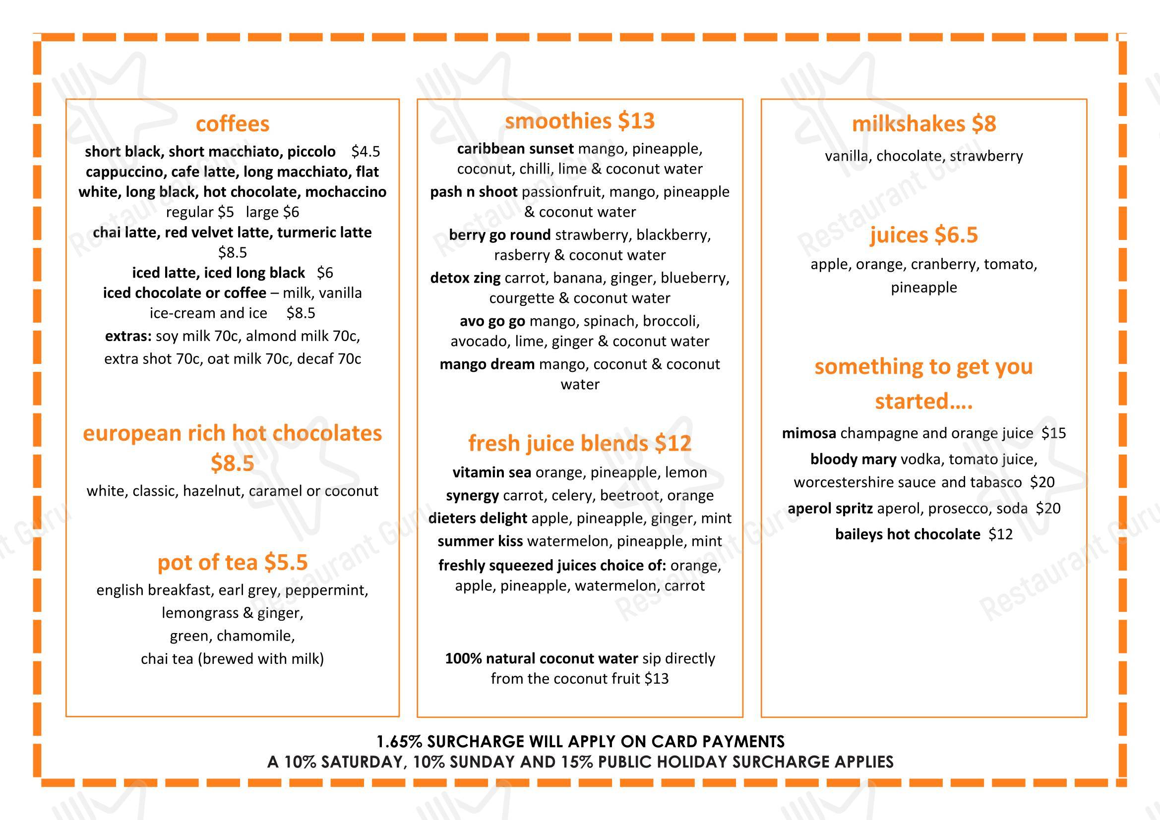 Menu at Beachcomber Cafe and Beach Bar, Saint Kilda