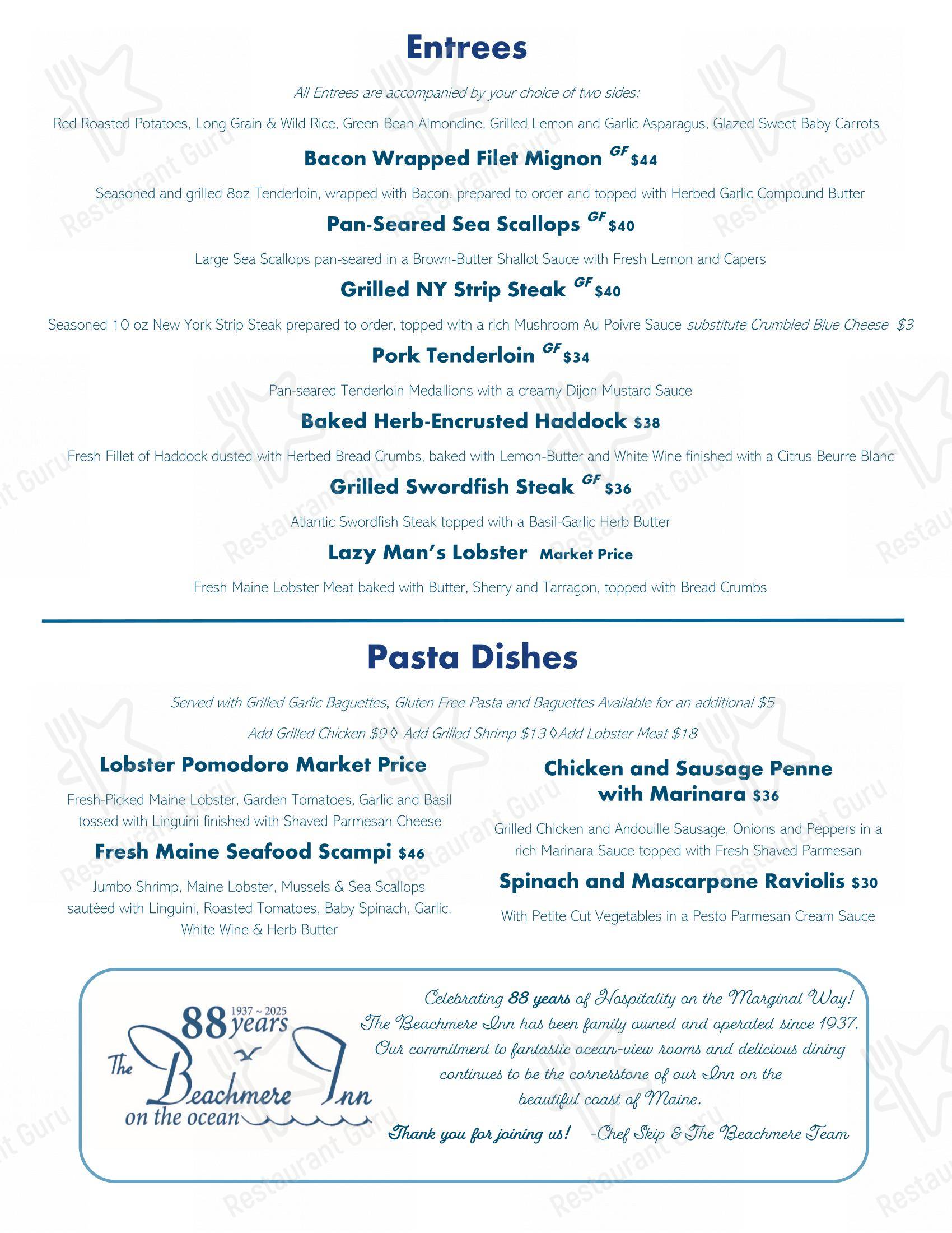 Menu at Beachmere Inn restaurant, Ogunquit