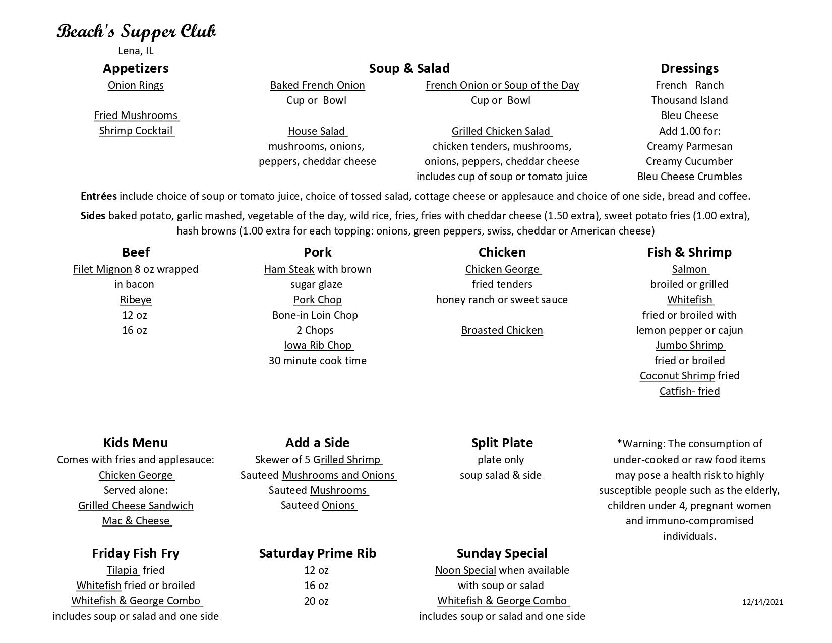 Menu at Beach's Supper Club, Lena