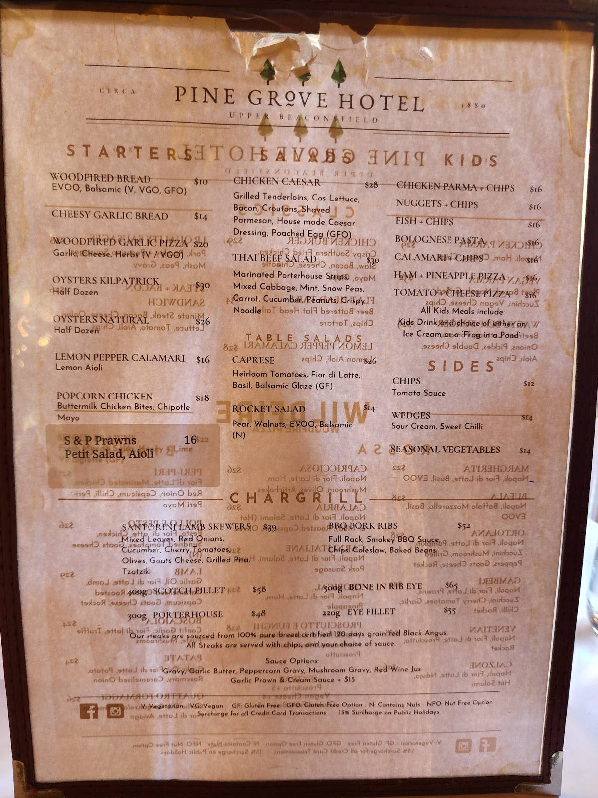 Menu at Pine Grove Hotel restaurant, Beaconsfield Upper