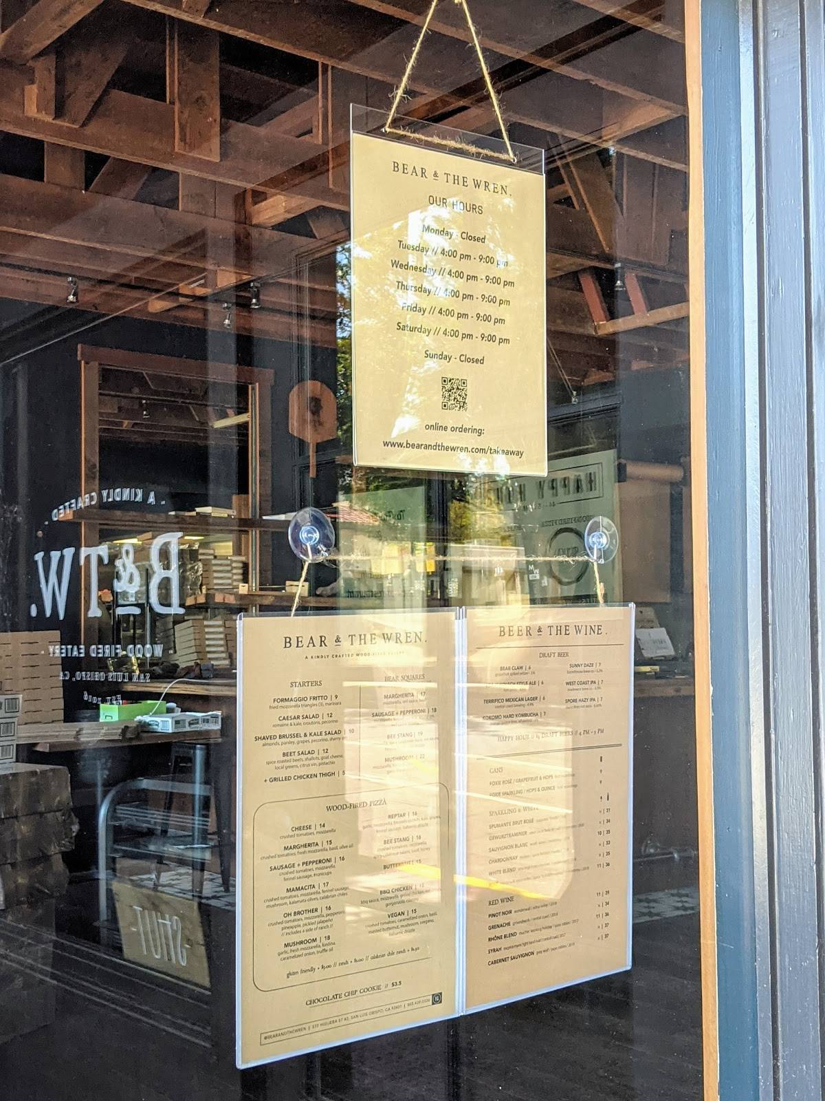 Menu at Bear & The Wren pizzeria, San Luis Obispo