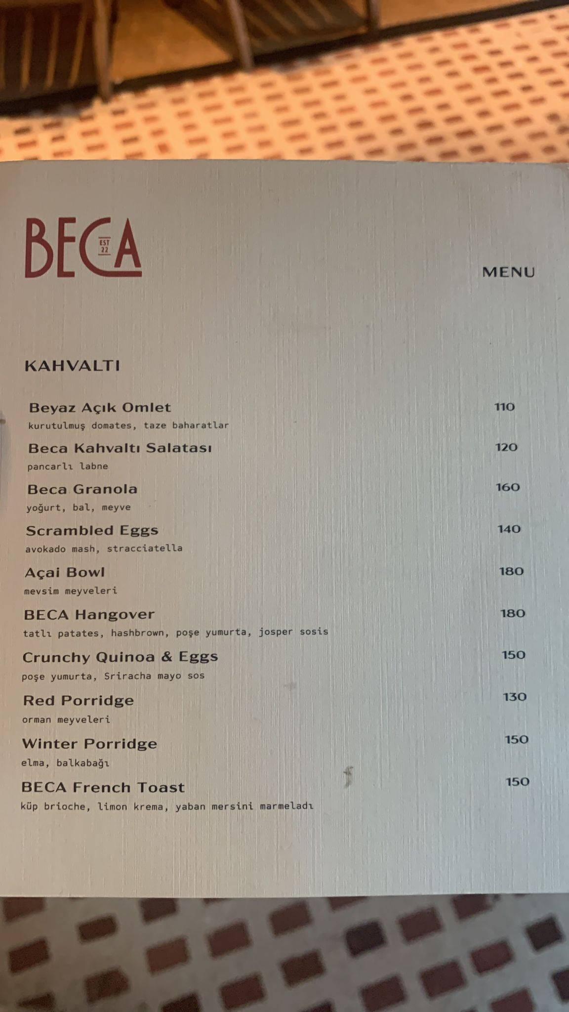 Menu at Beca, Istanbul