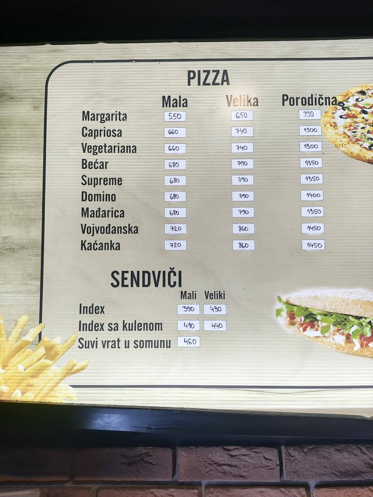 Menu at Bećar restaurant, Kać