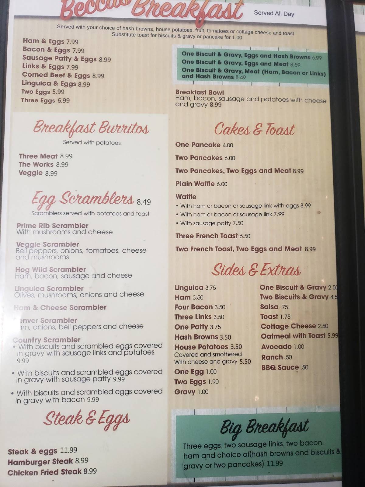 Menu at Becca's Cafe, Anderson