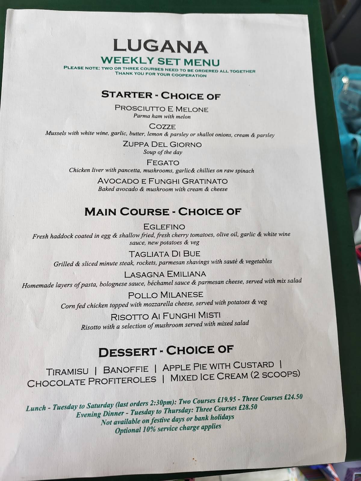 Menu at Lugana restaurant, Beckenham