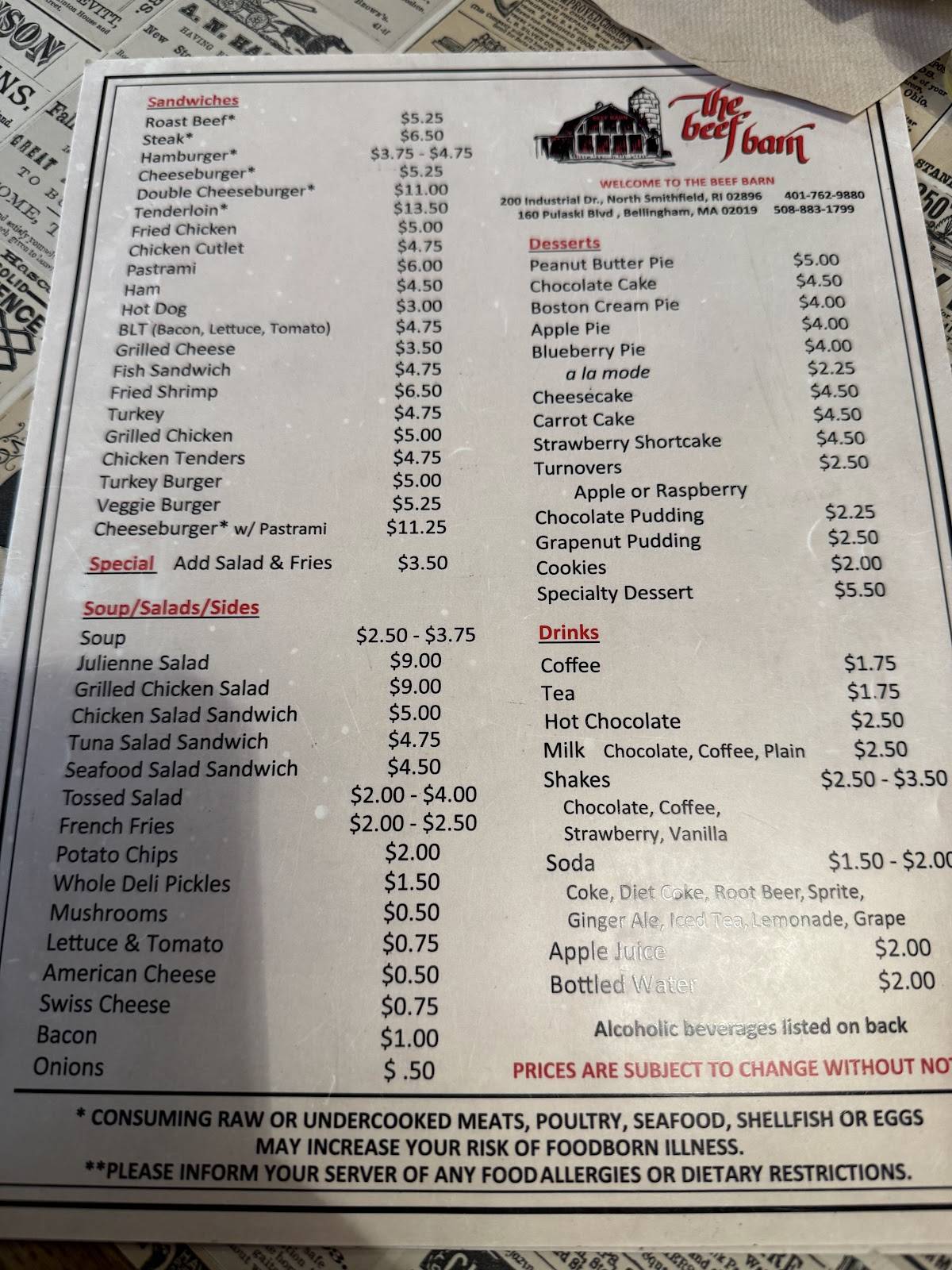 Menu at Beef Barn, North Smithfield, 200 Industrial Dr