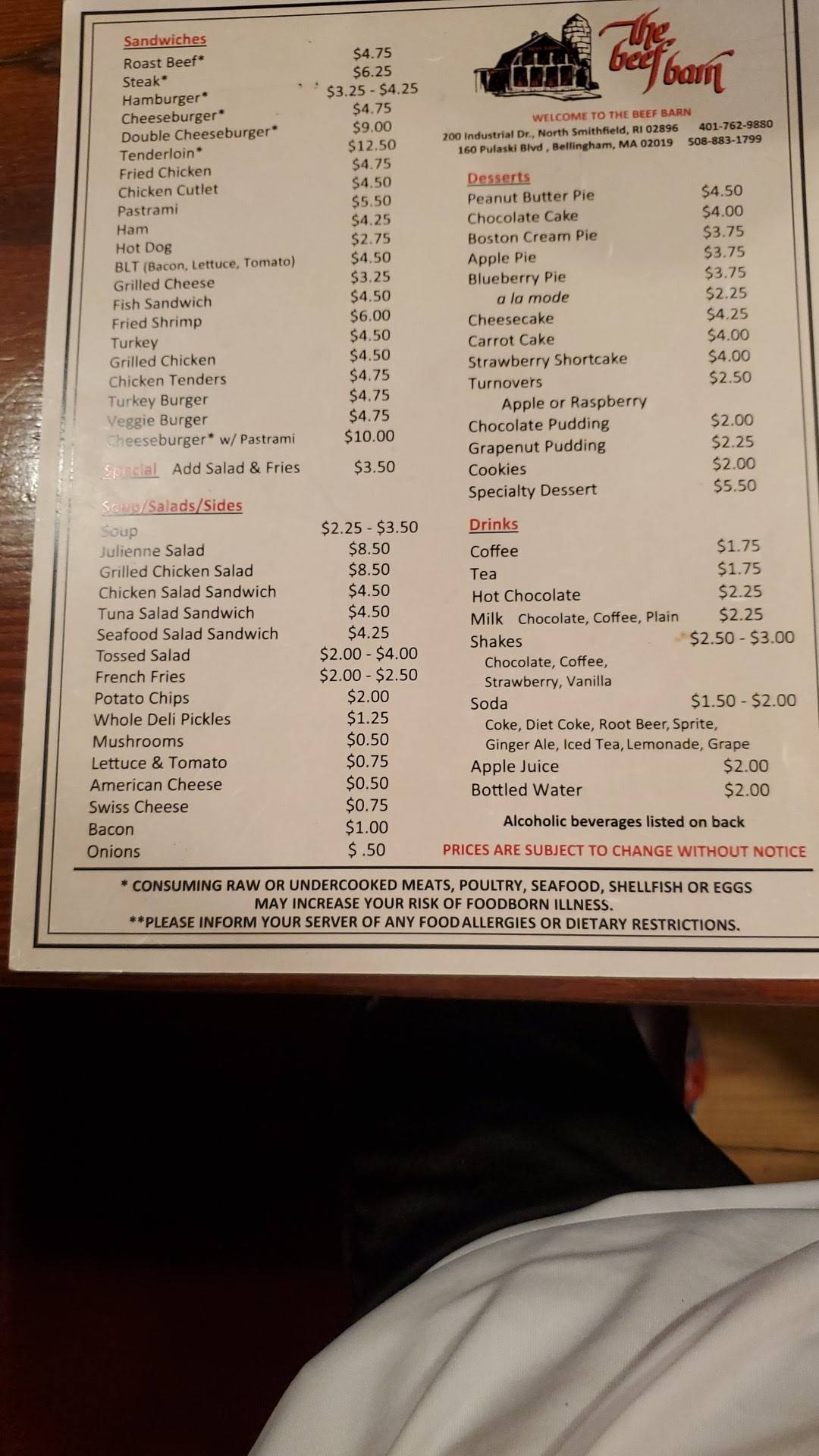 Menu at Beef Barn, North Smithfield, 200 Industrial Dr