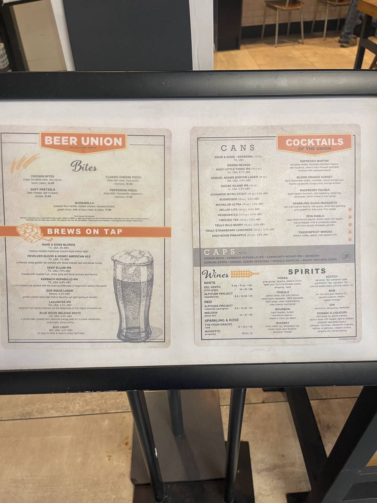 Menu at Beer Union pub & bar, Dallas, Aviation Dr