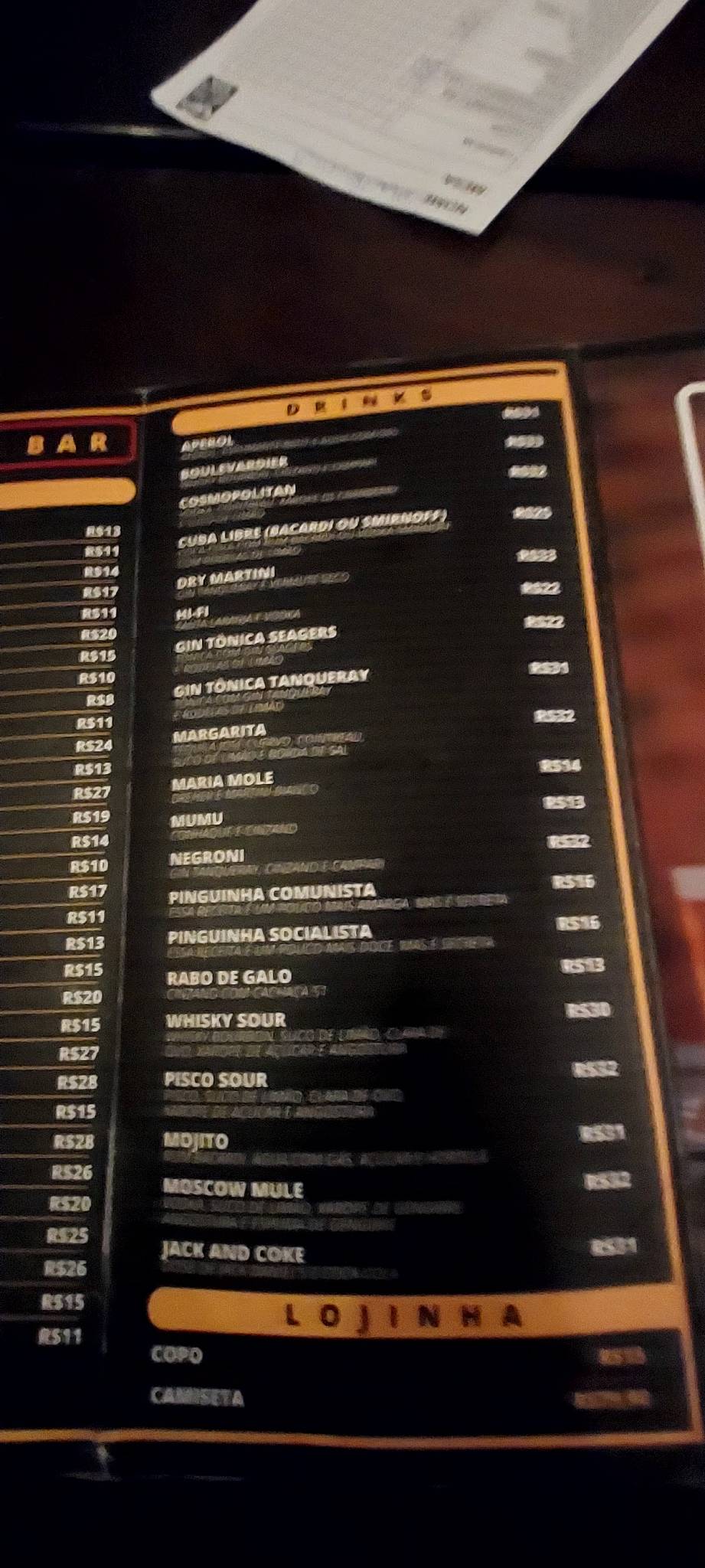 Menu em Bek's Bar, Curitiba, Rua Brasílio Itiberê 3645
