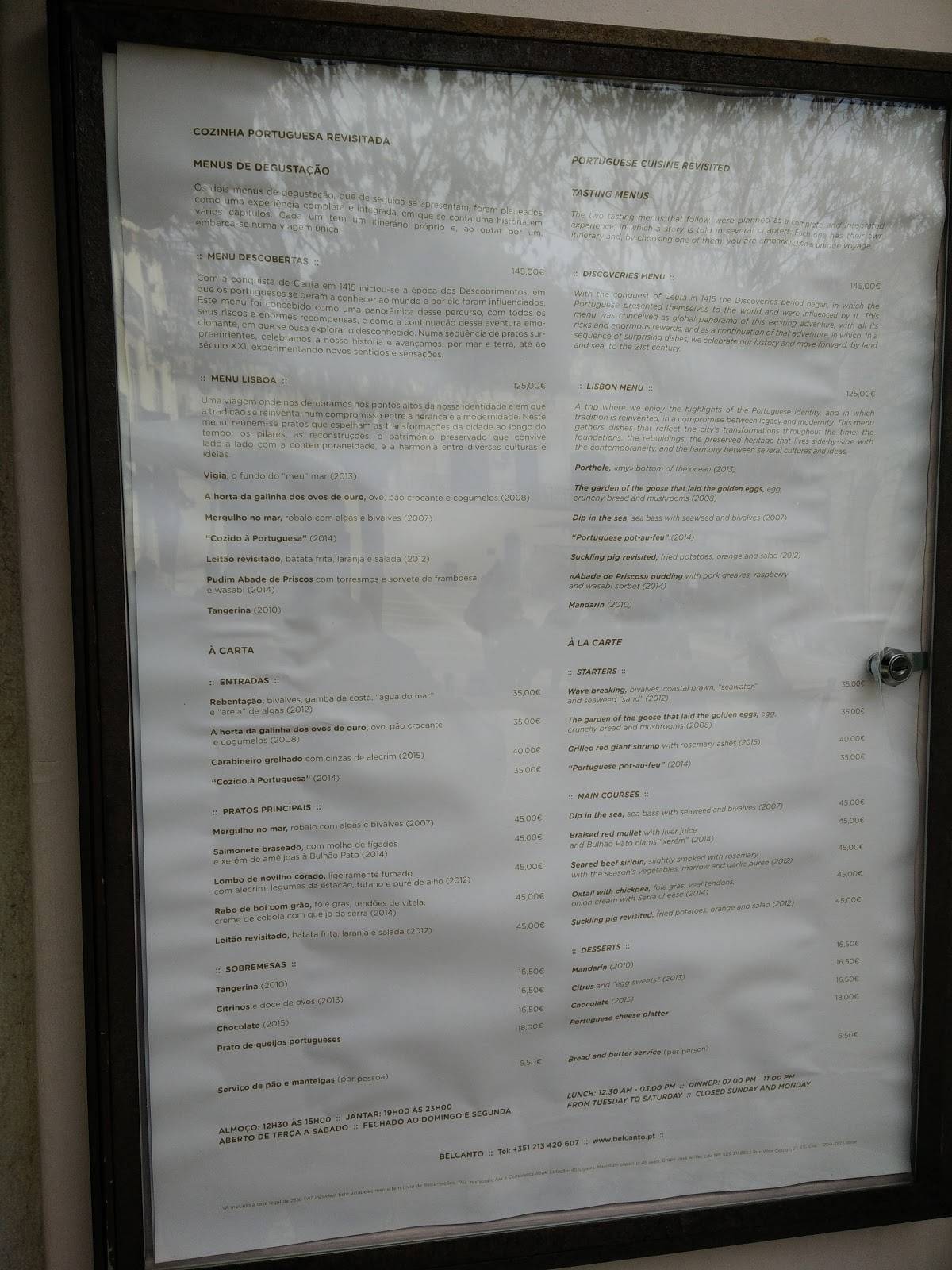 Menu at Belcanto restaurant, Lisbon, R. Serpa Pinto 10A