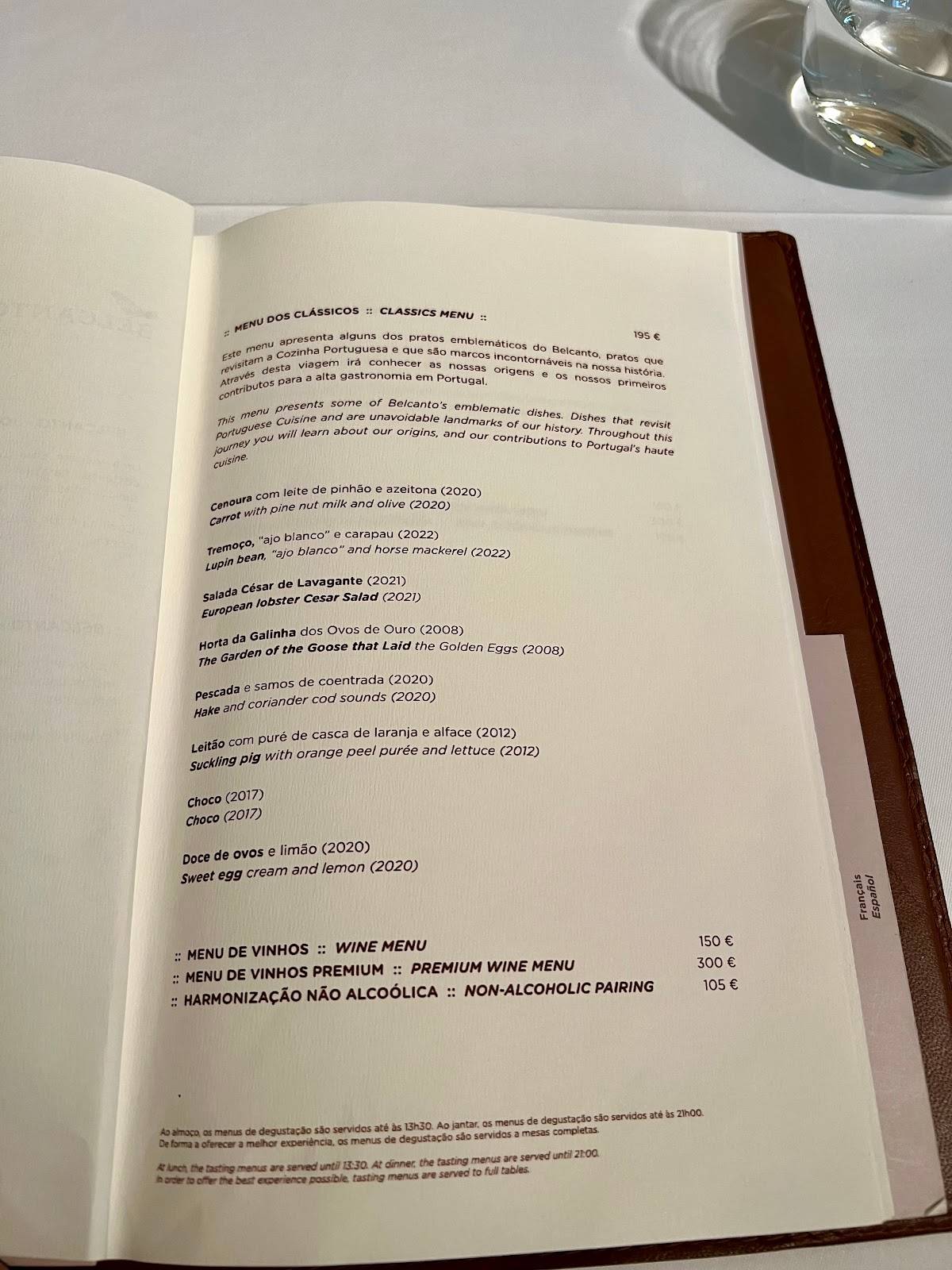 Menu at Belcanto restaurant, Lisbon, R. Serpa Pinto 10A