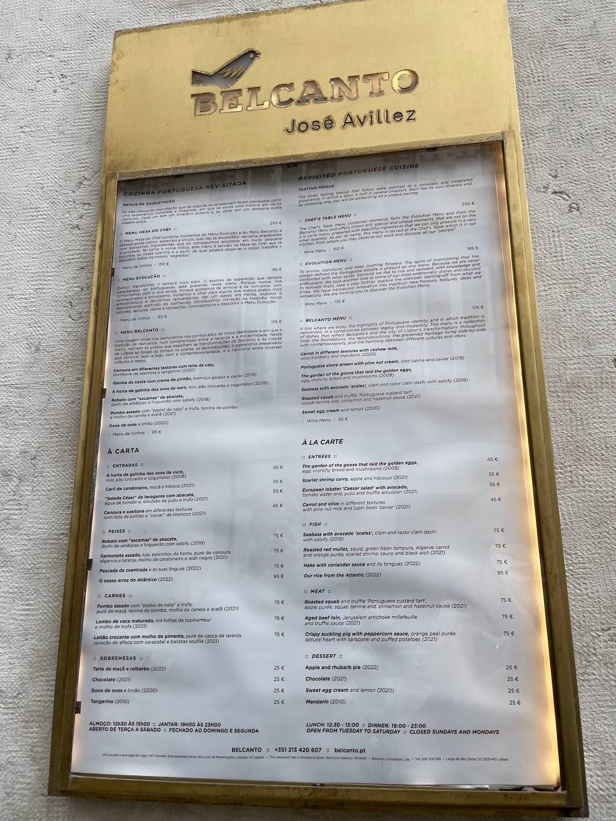 Menu at Belcanto restaurant, Lisbon, R. Serpa Pinto 10A