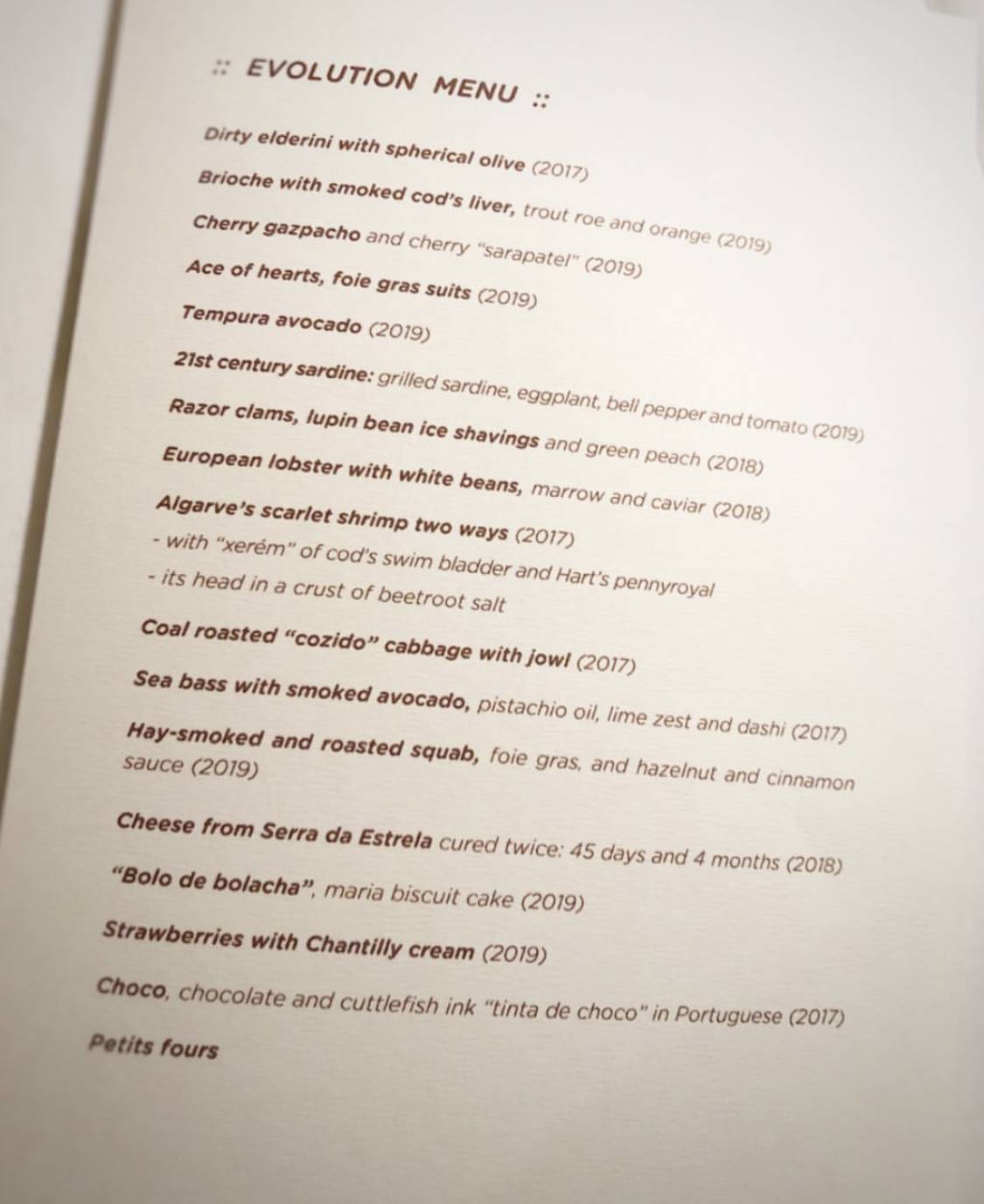 Menu at Belcanto restaurant, Lisbon, R. Serpa Pinto 10A