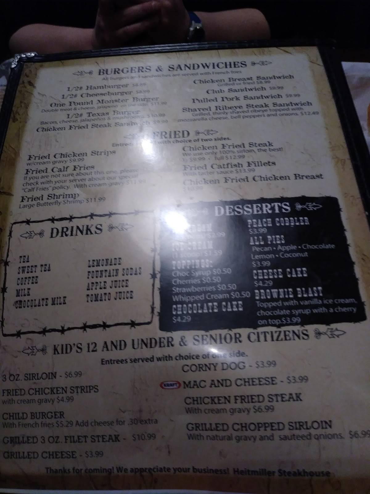 Menu at Heitmiller Steakhouse, Lacy Lakeview, I 35 N Frontage Rd