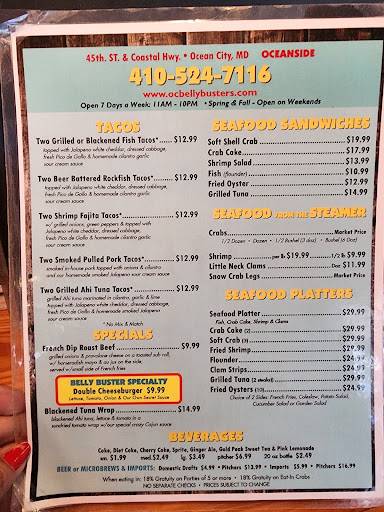 Menu at Belly Busters restaurant, Ocean City