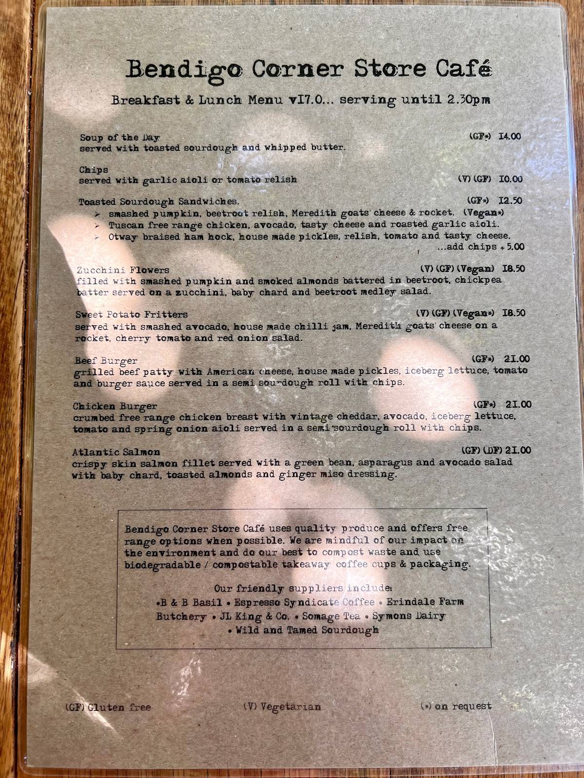 Menu at Bendigo Corner Store Cafe, Bendigo