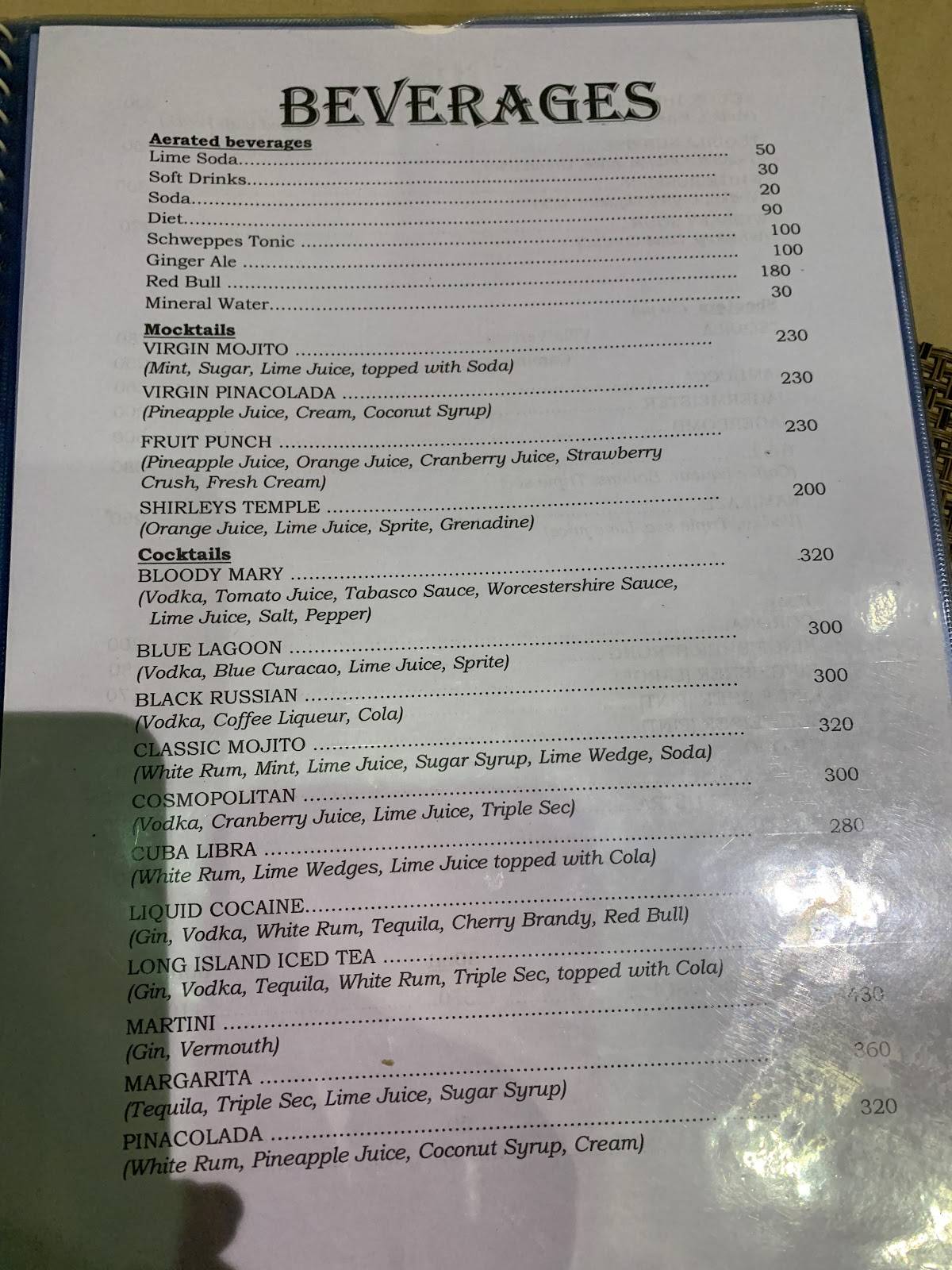 Menu at Bending Bamboos Bar and Restaurant, Candolim, Fort Aquada Road