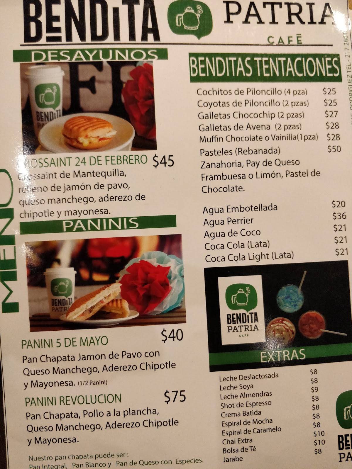 Menu at Bendita Patria Café, Hermosillo, C. Israel González 33