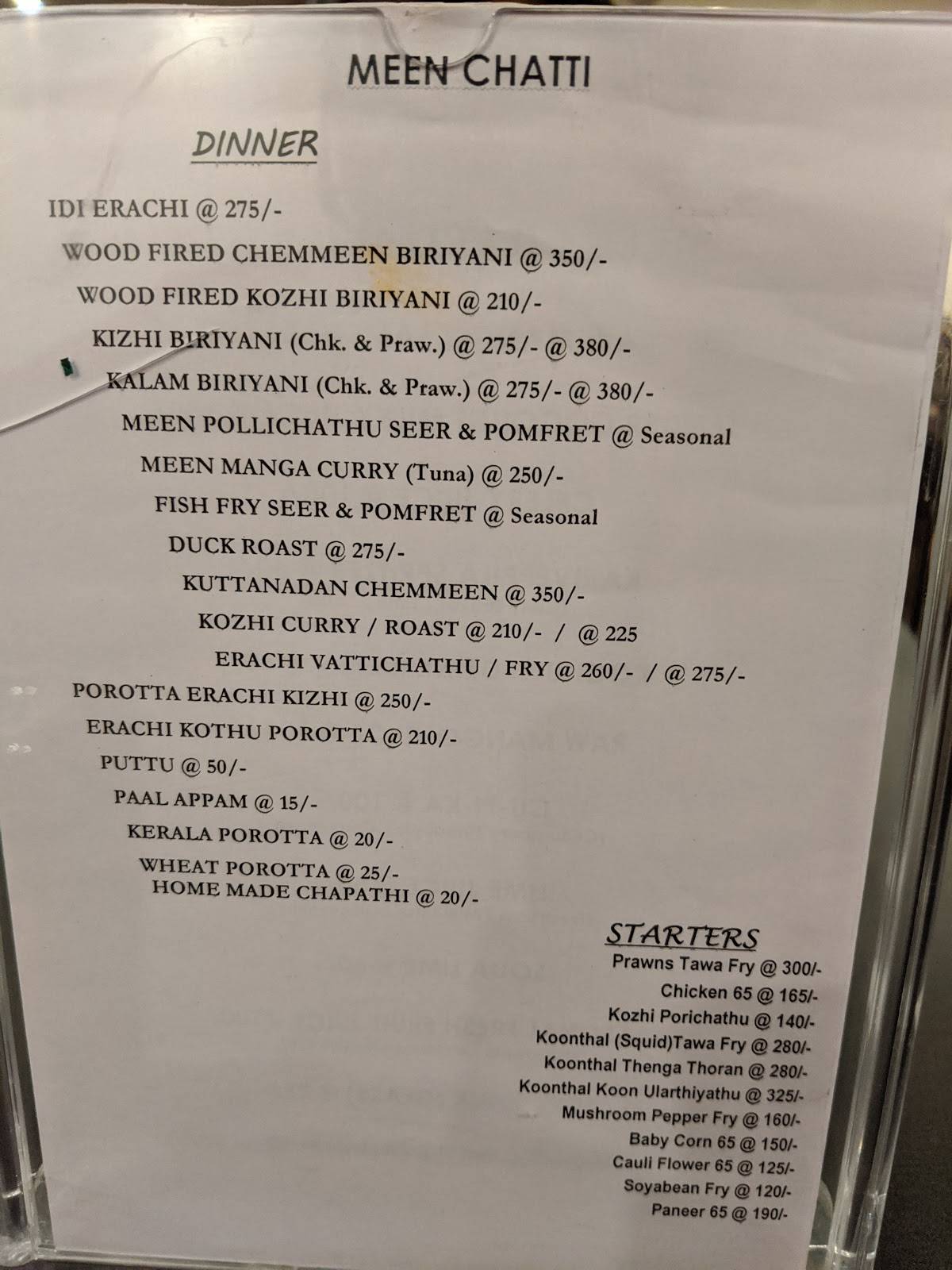 Menu at Meen Chatti(Authentic Kerala Cuisine), Bengaluru