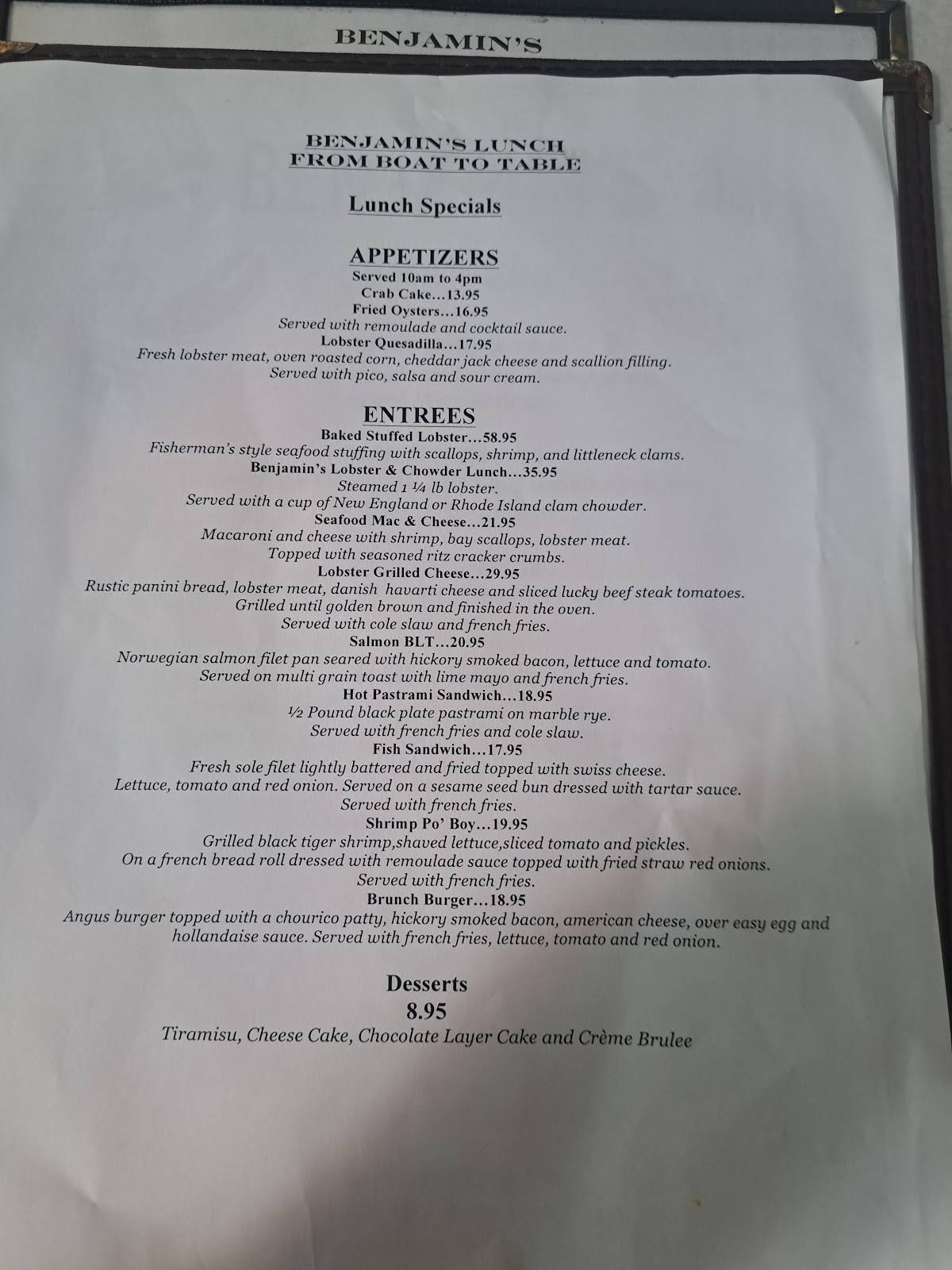 Menu at Benjamin's restaurant, Newport