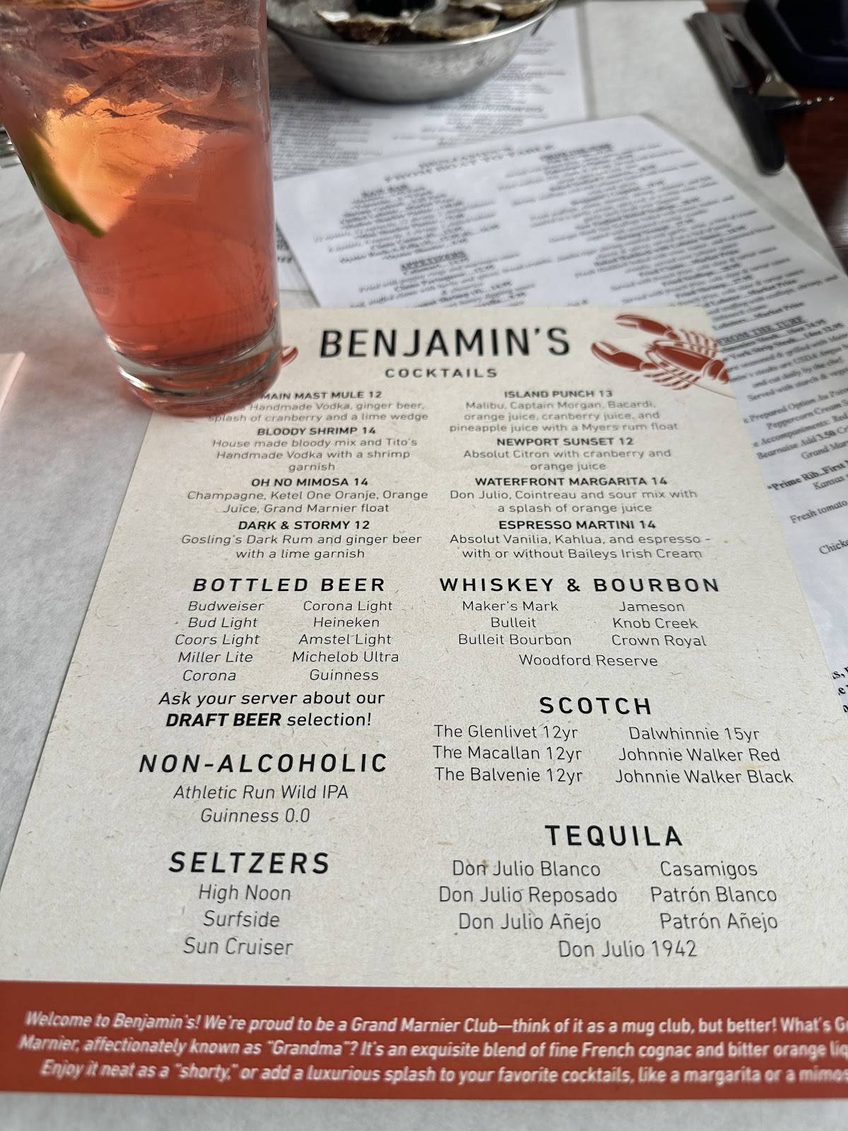 Menu at Benjamin's restaurant, Newport
