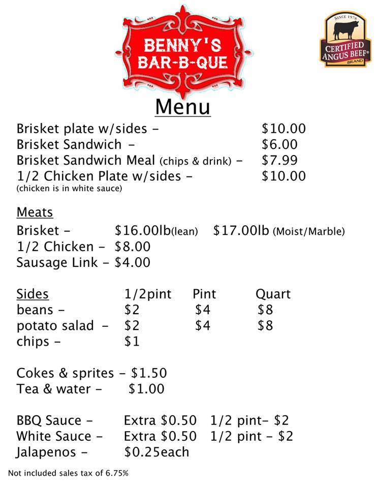 Menu at Benny's Bbq, Beeville