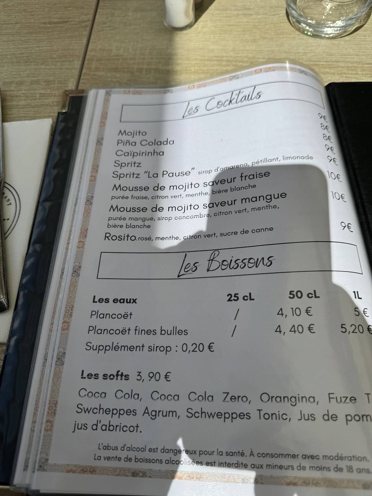 Carta del restaurante La Pause, Bénodet