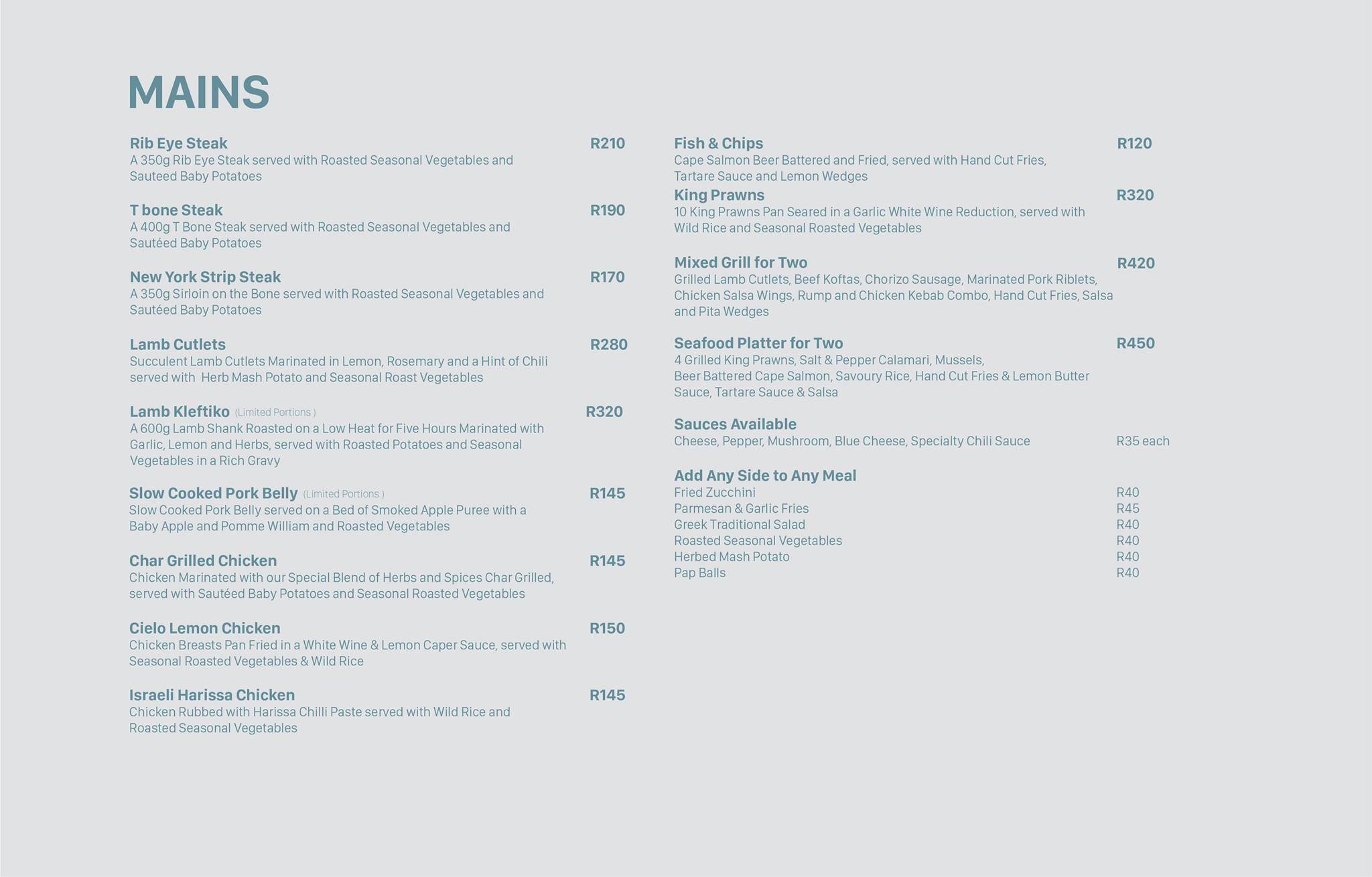 Menu at Cielo Restaurant, Benoni
