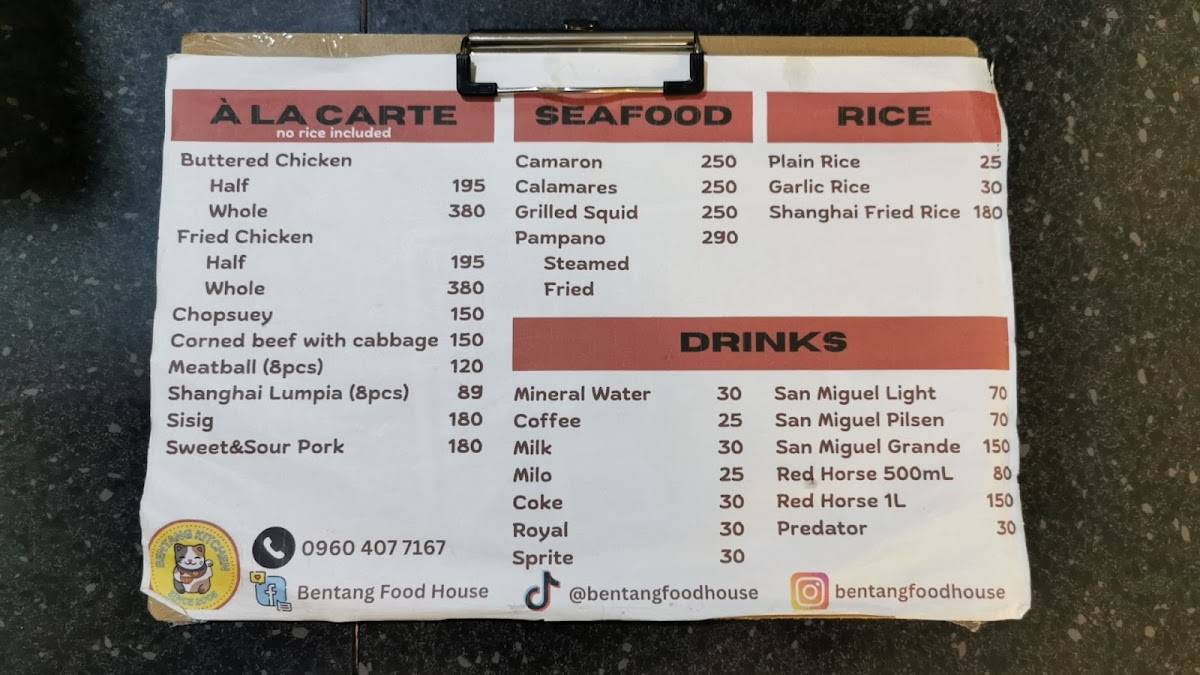 Menu at Bentang Food House restaurant, Cebu City