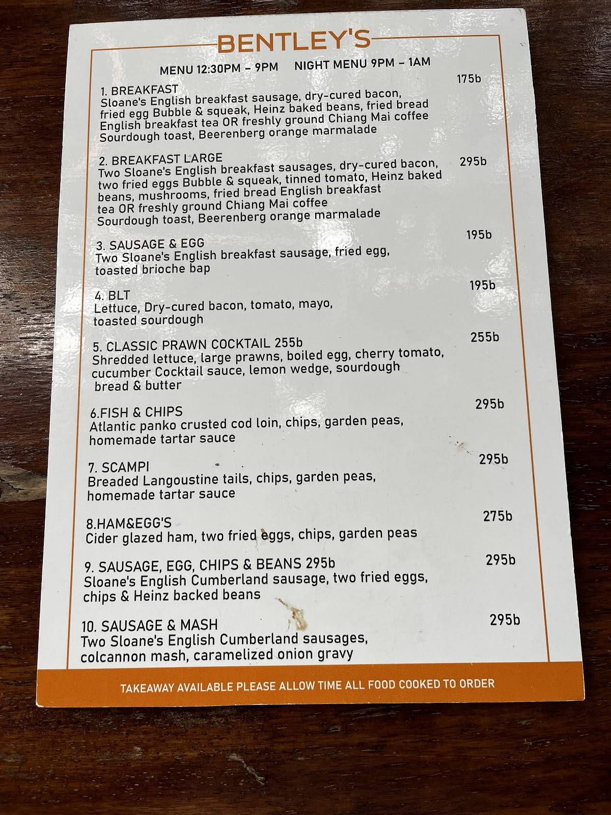 Menu at Bentley´s Bar and Restaurant, Pattaya City