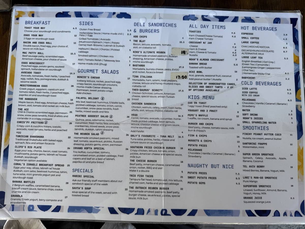 Menu at Benzie's Cafe, Botany