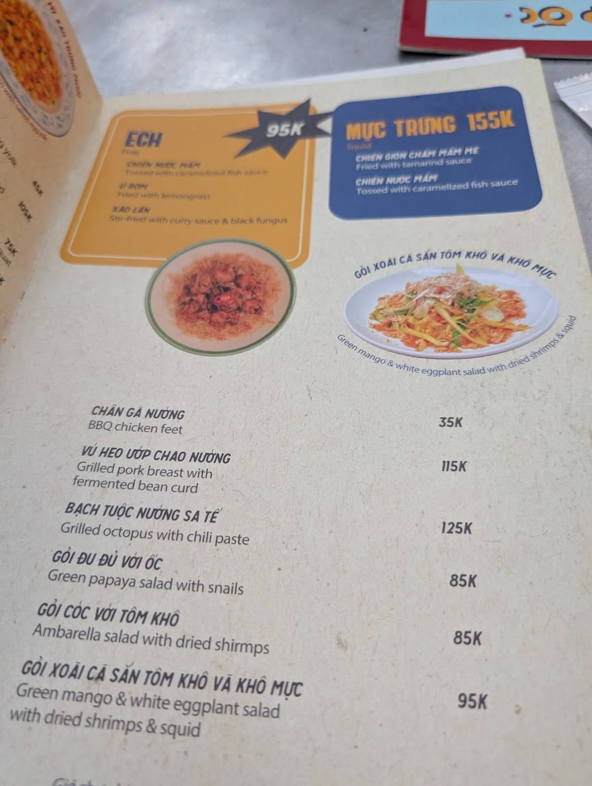 Menu at Bếp Ốc Sài Gòn restaurant, Ho Chi Minh City, 74/7 Hai Bà Trưng