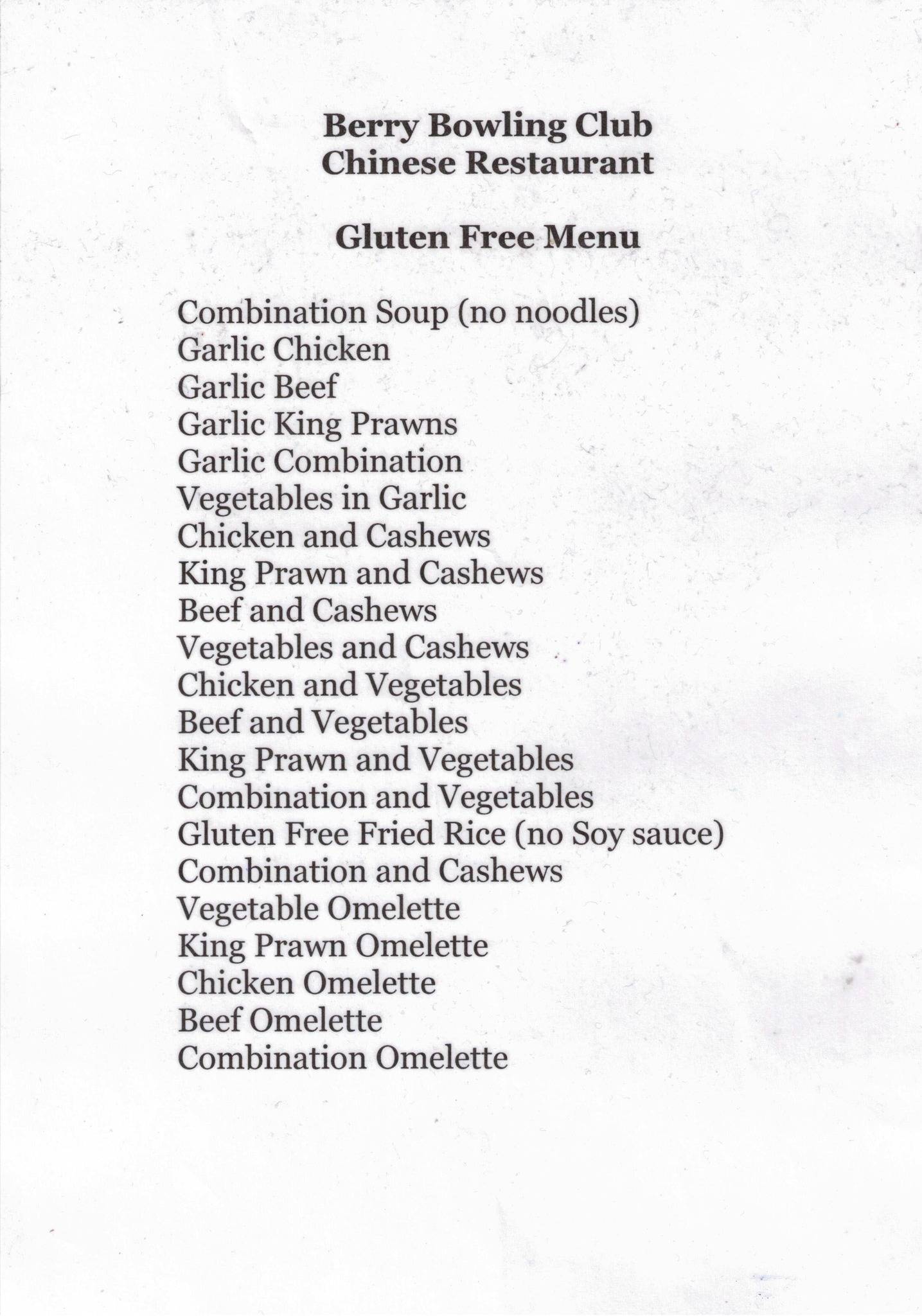 Menu at Berry Bowling Club, Berry