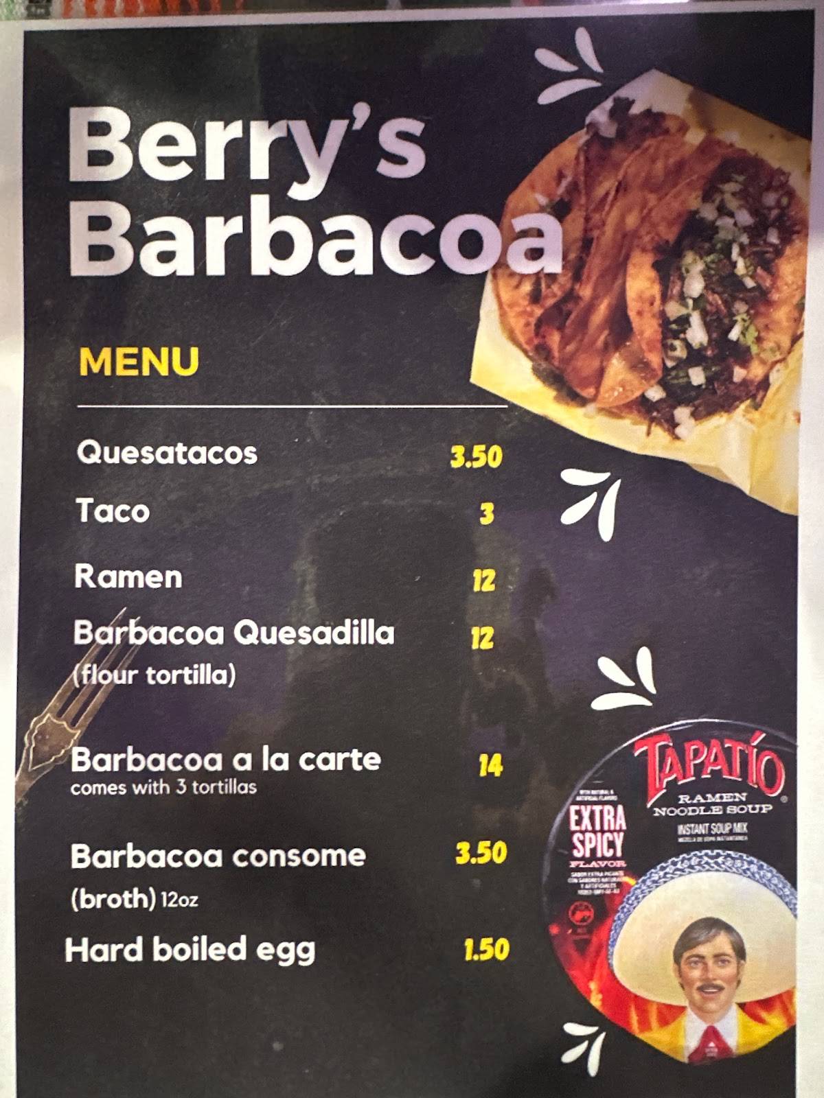 Menu at Berry’s Barbacoa, West Covina