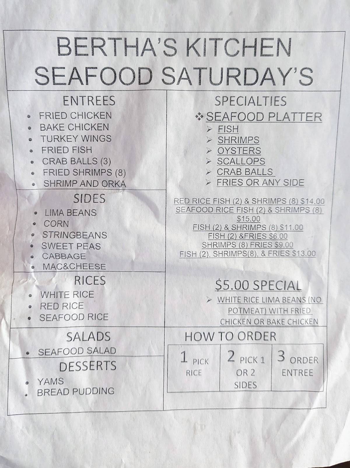 Menu at Bertha's Kitchen restaurant, North Charleston, Meeting Street Rd