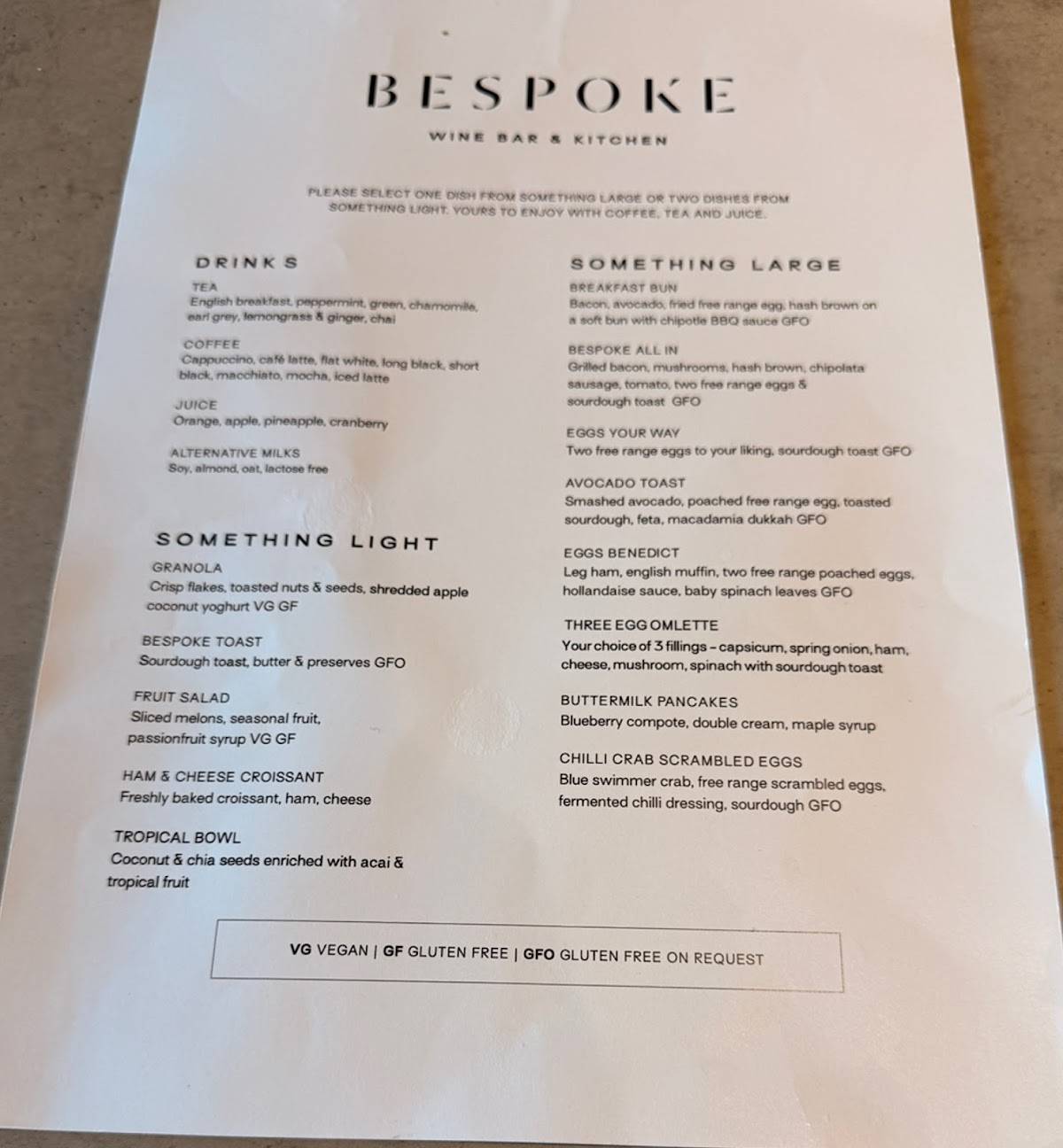Menu at Bespoke Wine Bar & Kitchen, North Adelaide