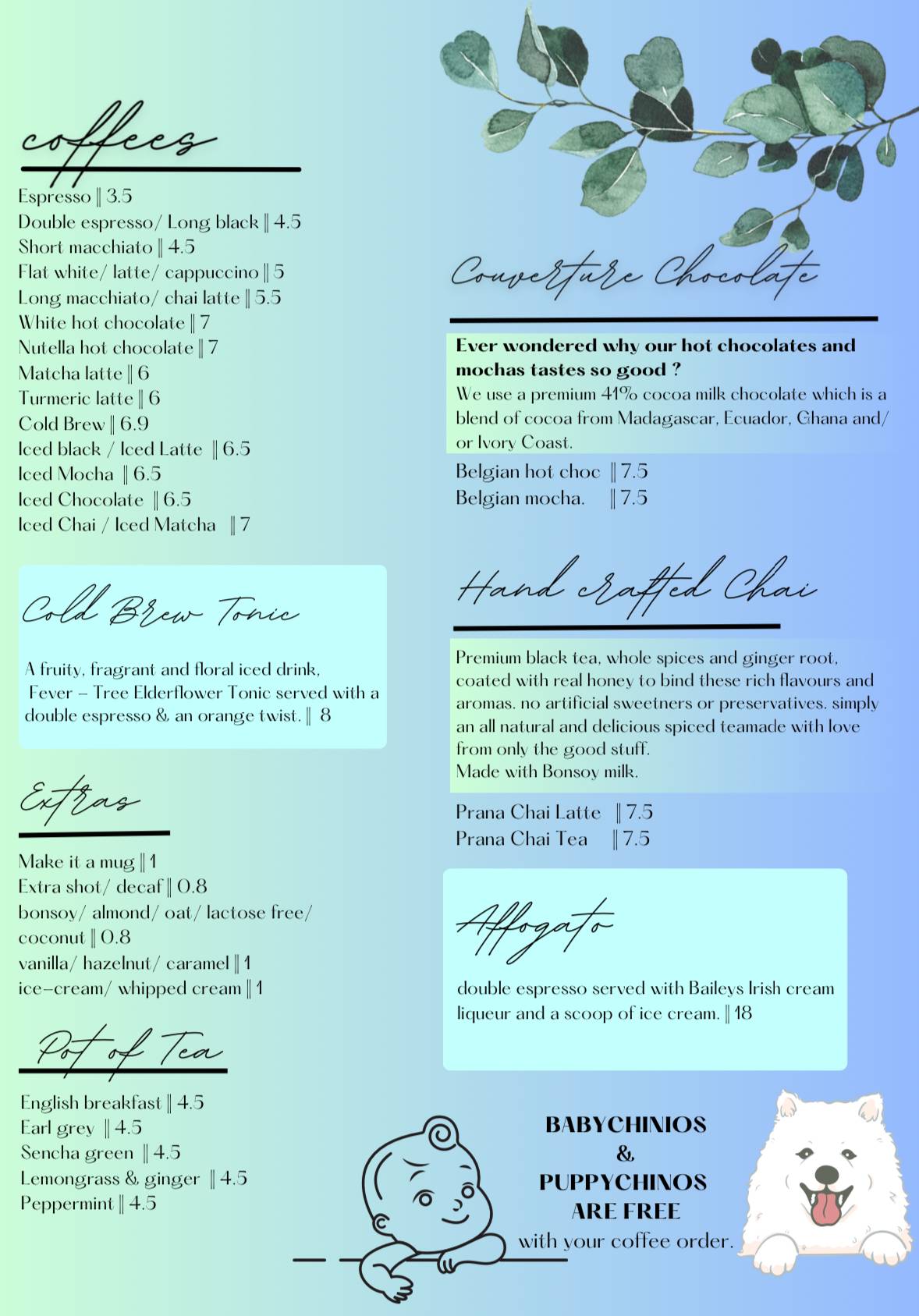 Menu at Bespoke by Barista HQ, Victoria Park