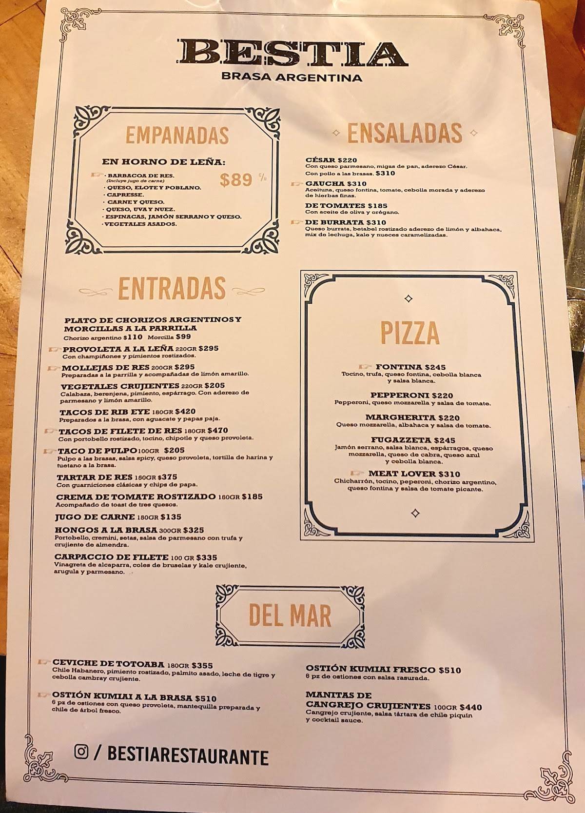Carta del restaurante Bestia Brasa Argentina, San Pedro Garza García