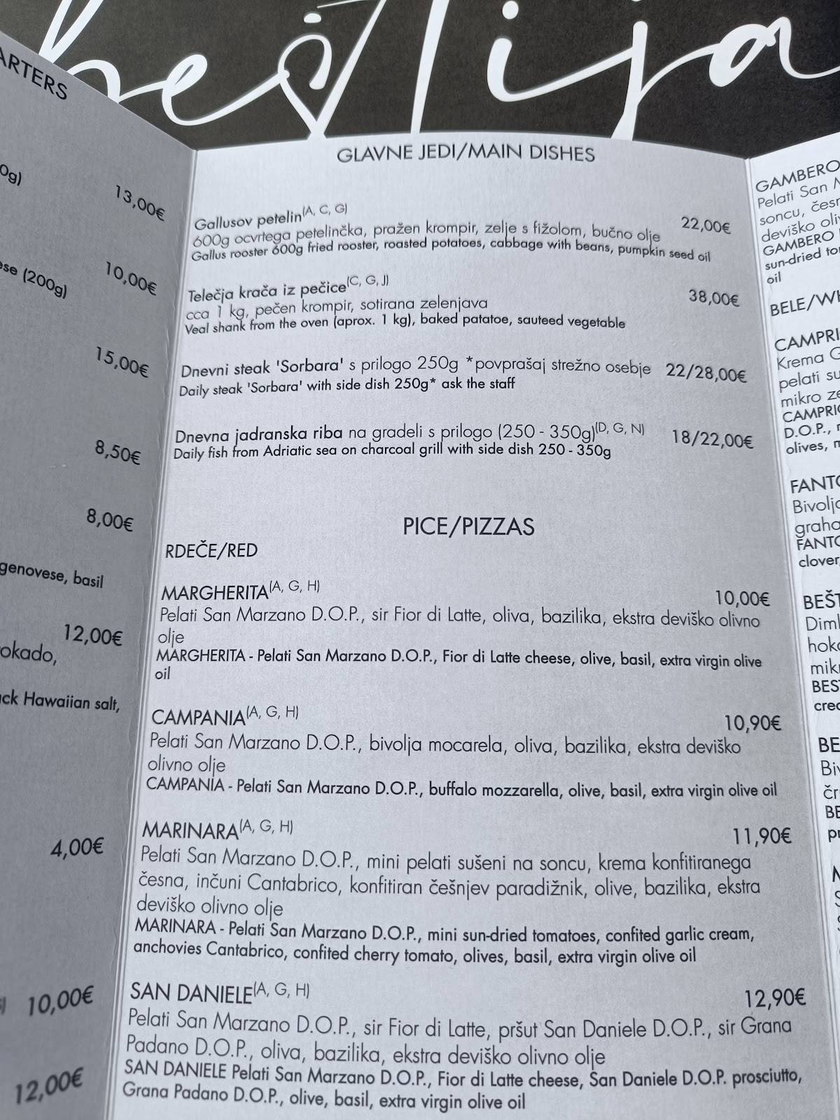 Menu at Beštija Bistro pizzeria, Ljubljana