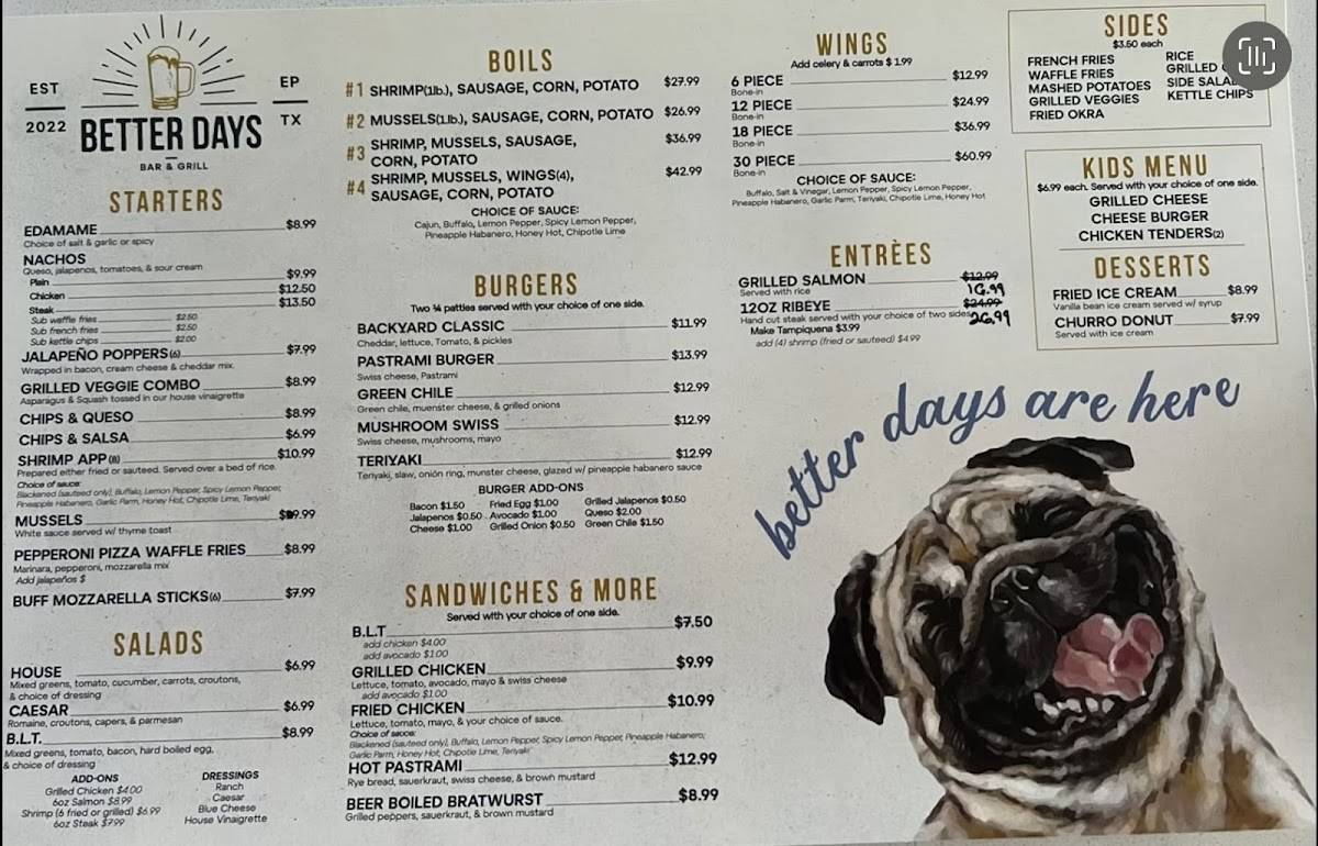 Menu at Better Days Bar and Grill, El Paso