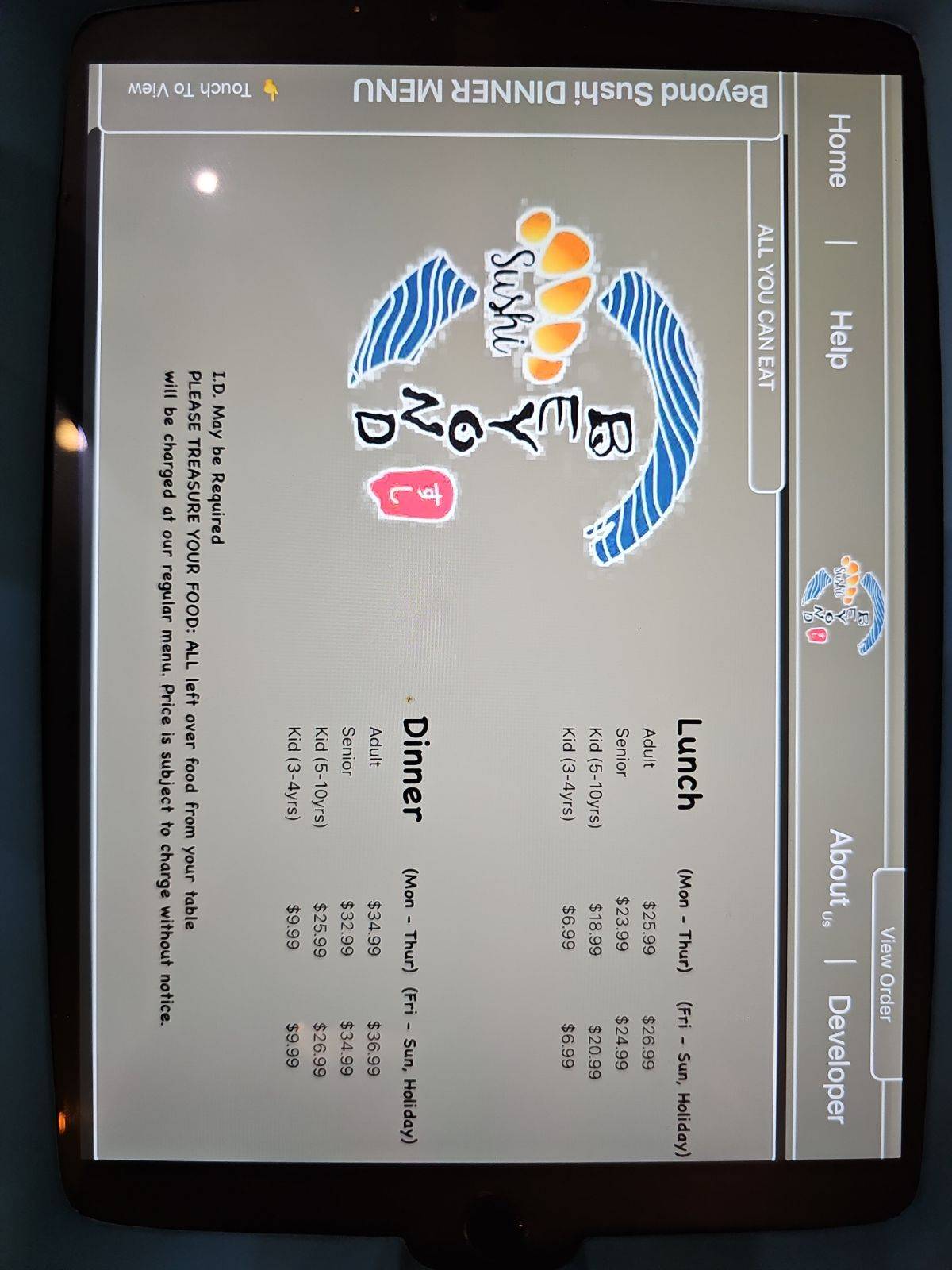 Menu at Beyond Sushi restaurant, North Bay