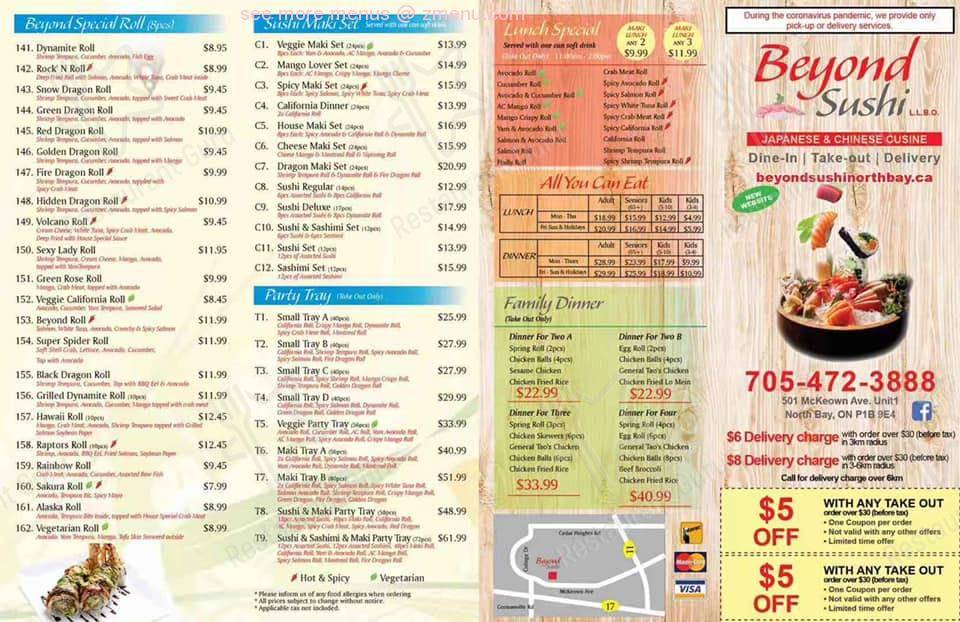 Menu at Beyond Sushi restaurant, North Bay