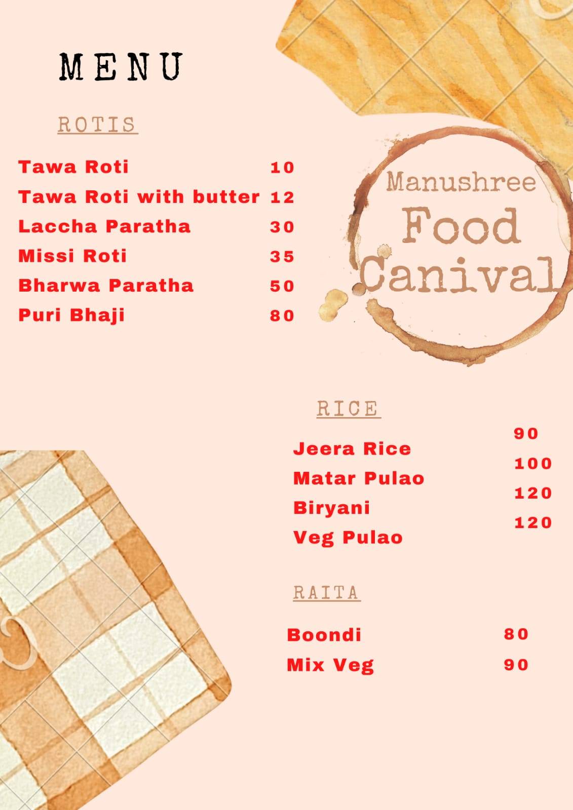 Menu at Manushree Food Carnival, Bhopal