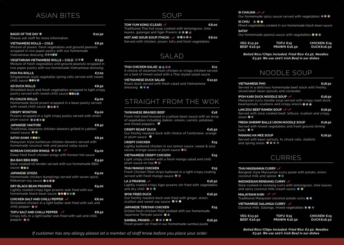 Menu at Bia Bao restaurant, Sligo