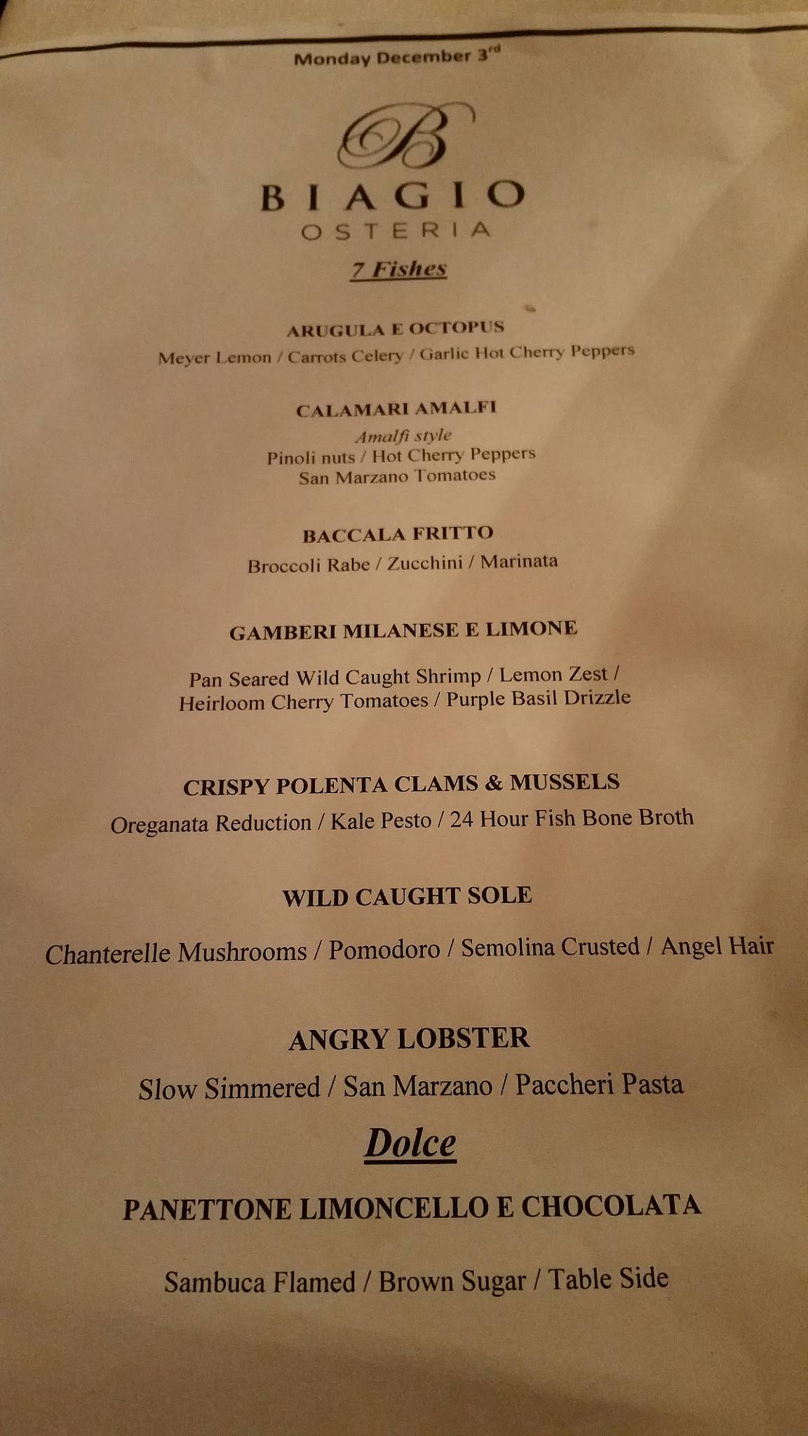 Menu at Biagio's Osteria restaurant, Stratford