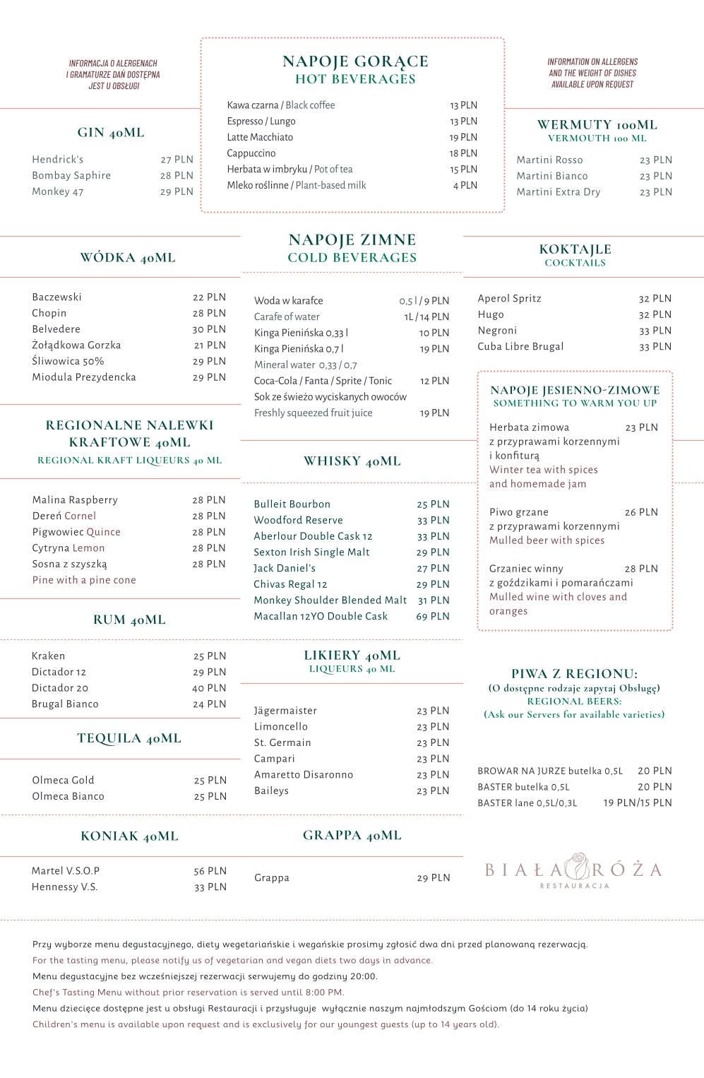 Menu at Biała Róża restaurant, Kraków