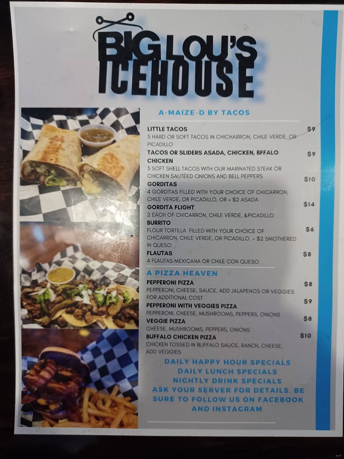 Menu at Big Lou's Icehouse pub & bar, El Paso